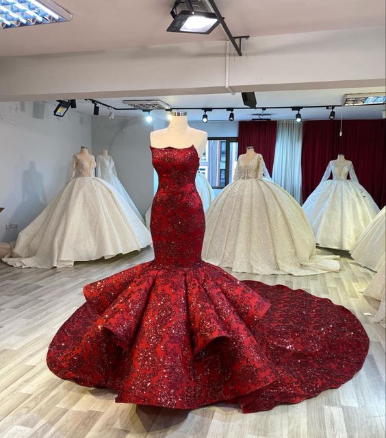 Mermaid Ruffles Strapless Sequins Pattern Dresses on Luulla