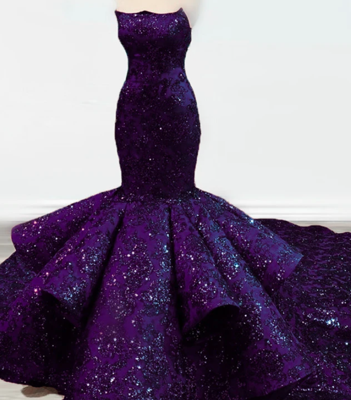 Mermaid Ruffles Strapless Sequins Pattern Dresses on Luulla