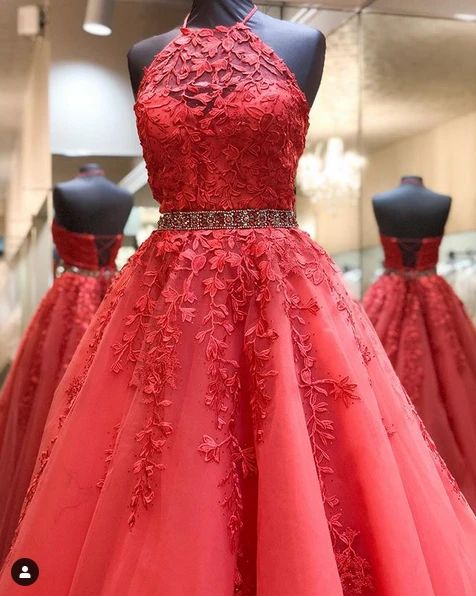 Halter Neck Prom Dress Long With Appliques And Beading on Luulla