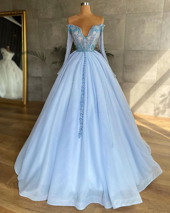 Blue Long Prom Dress With Long Sleeves on Luulla