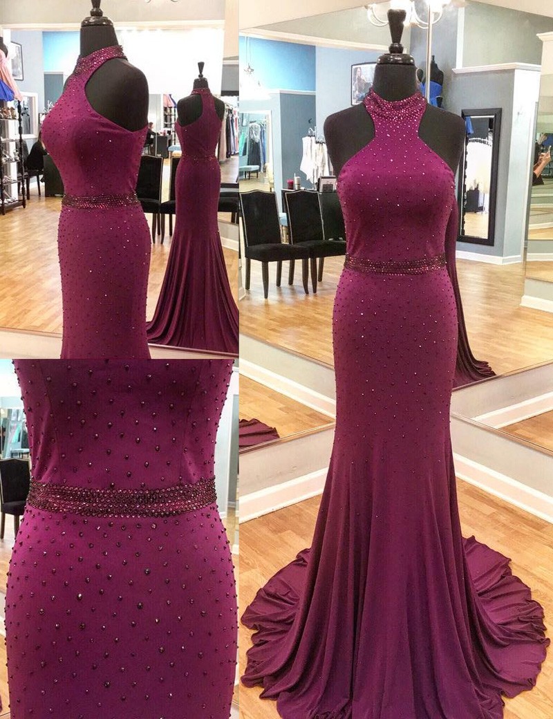 Generous High Neck Sweep Train Mermaid Grape Color Prom Dress With ...