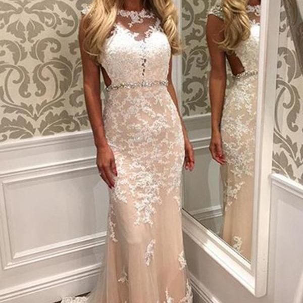 Sheath Column Lace Backless Tulle Prom Dress With Appliques M1541 on Luulla
