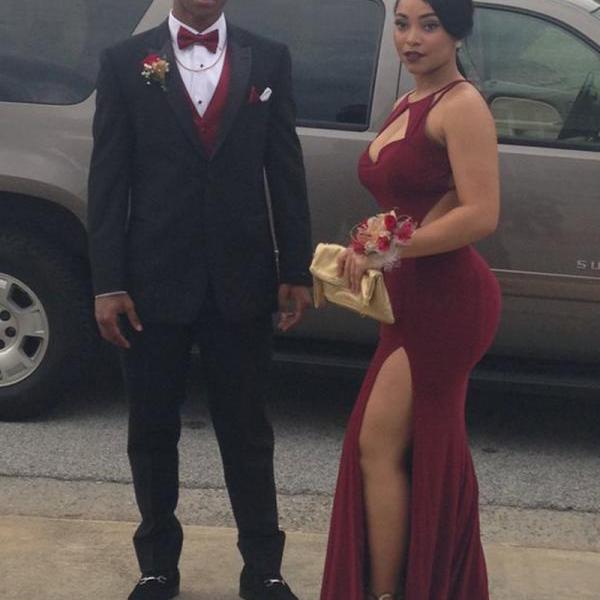 Burgundy Sheath Crew Keyhole Side Split Backless Prom Dress With Pleats ...