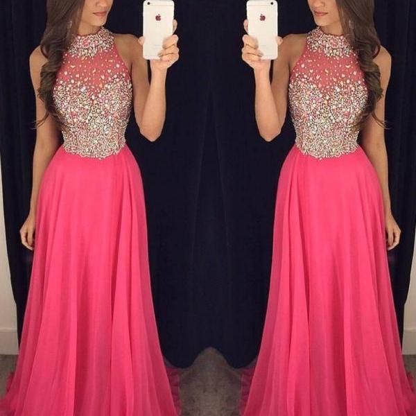 A-line High Neck Chiffon Tulle Sweep Train With Beading Nice Prom ...