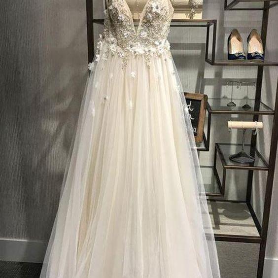 Spaghetti Strap V Neck Long Tulle Prom Dress With Flowers, Beach ...