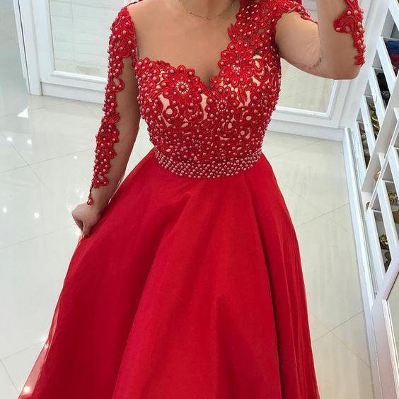 Asymmetrical Neck Long Sleeves Red Prom Dresses With Pearls Beaded ...