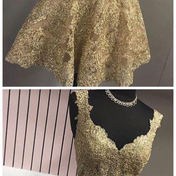Gold V Neck Lace Short Prom Dress, Gold Homecoming Dress M9159 on Luulla