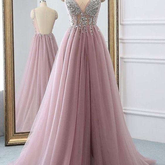 Pink Sleeveless Prom Dress,v-neck Backless Lace Tulle Beaded Long ...