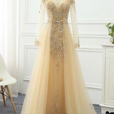 Elegant V-neck Long Sleeves Appliques Beadings Prom Dresses With Overskirt M587 on Luulla
