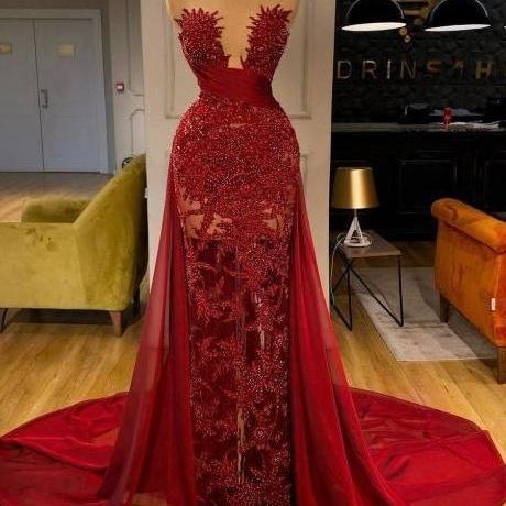 Sexy Illusion Red Lace Long Prom Dresses Chiffon Sweep Train See ...