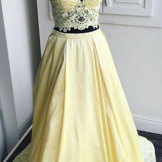 Two Piece Yellow Prom Dress With Lace Top M1391 on Luulla