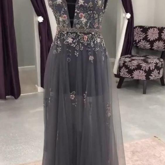 Modest Grey Long Prom Dresses With Beading, Unique Deep V Neck Evening ...