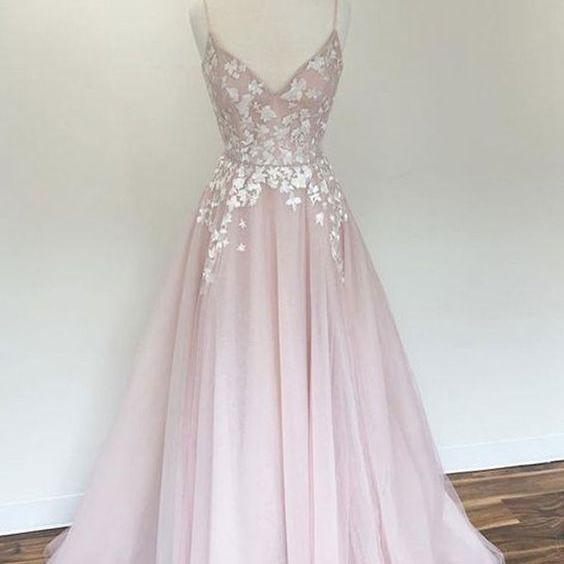 Spaghetti Prom Dress Light Pink Party Dress V Neck Prom Dress Tulle ...