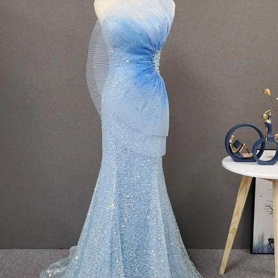 One Shoulder Frozen Elsa Dress Sparkly Light Blue Sequin Prom Dress ...