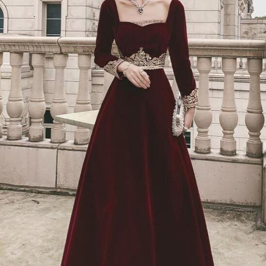 Charming Velvet A-line Long Prom Dress, Long Sleeves Formal Dress M4018 ...