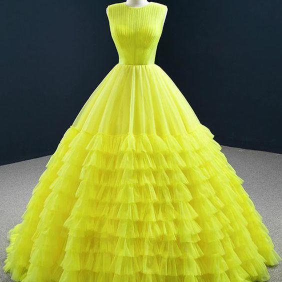 Yellow Ball Gown Tulle Pleata Tiers Floor Length Prom Dress on Luulla