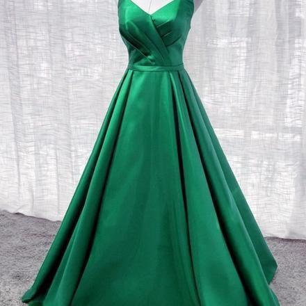 Green Satin A-line Floor Length Long Evening Dress Party Dress, Green ...