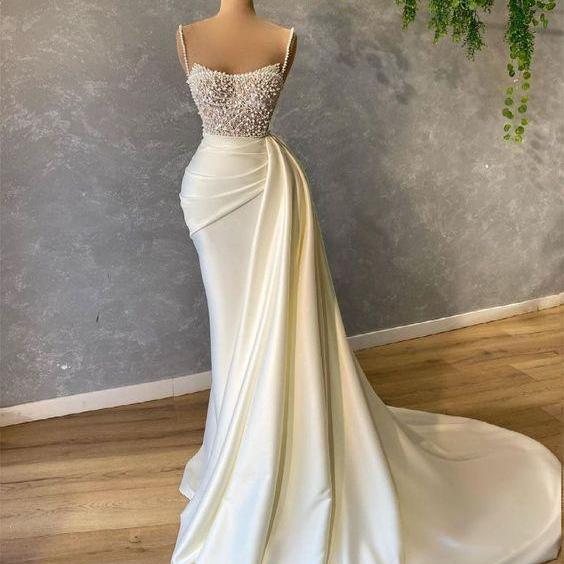 Women Ivory Evening Dresses Long Satin Beaded Formal Gowns on Luulla