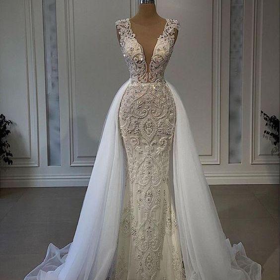 Women White Evening Dresses Long Wedding Dress Beaded Formal Gowns on ...