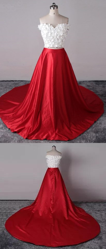 Red Satin Long Two Pieces 3d Flower Prom Dress M000223 on Luulla