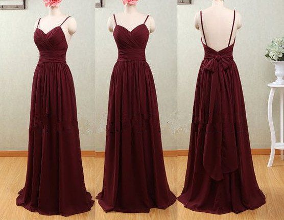 Pretty Simple Straps Backless Maroon Long Prom Dress With Bow, Maroon ...