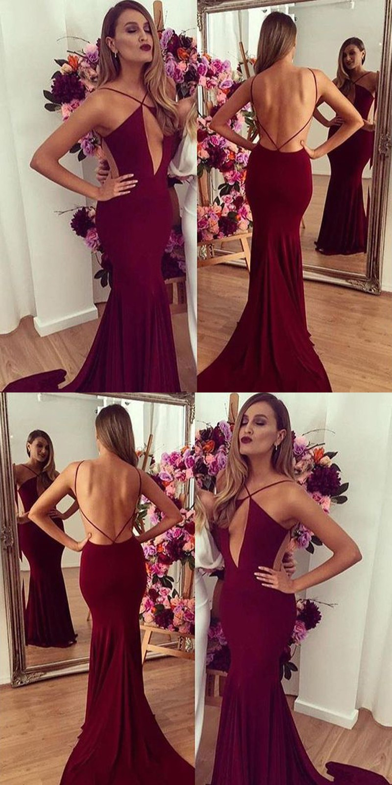 Sexy Mermaid Spaghetti Straps Burgundy Sweep Train Prom Dress With