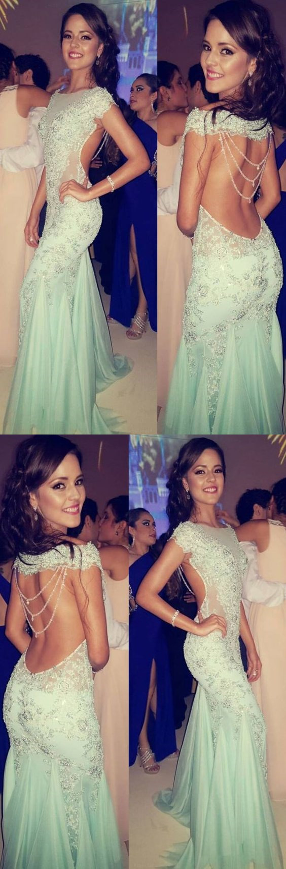 Cap Sleeve Prom Evening Dress Long Mint Prom Dresses With Backless Lace ...