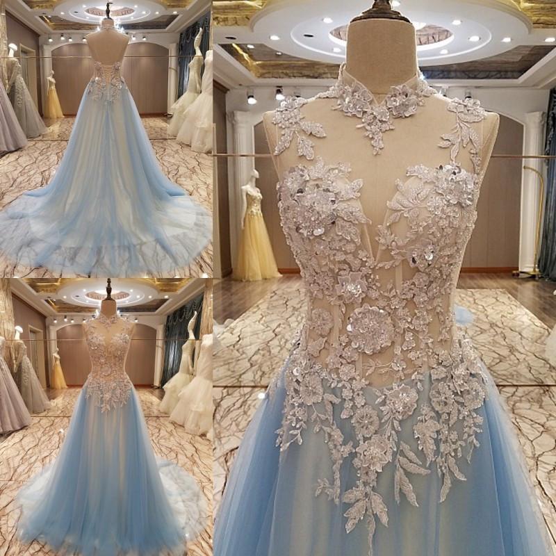 High Neck Prom Dresses A-line Sweep Train Appliques Lace-up Sexy Prom ...