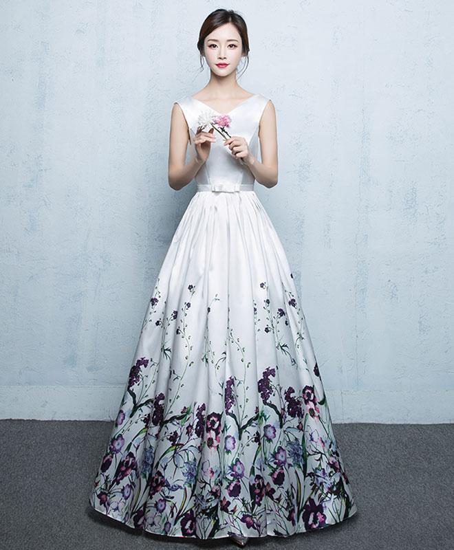 White Floral Pattern Long Prom Dress, White Evening Dress M2440 on Luulla