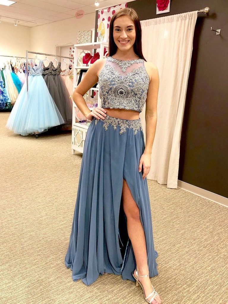 Two Pieces Prom Dresses A-line Scoop Blue Lace Modest Long Prom Dress ...