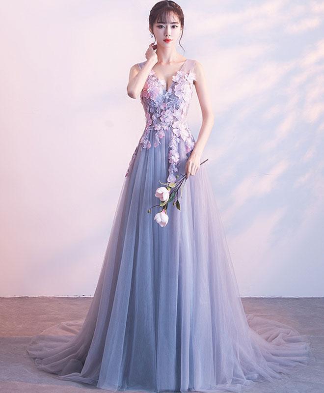 Gray Lace Tulle Long Prom Dress, Gray Evening Dress M2491 on Luulla