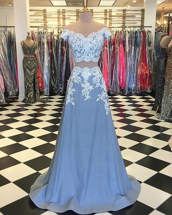 Light Blue Lace Prom Dresses With Cap Sleeve 2018 Two Piece Prom Party ...