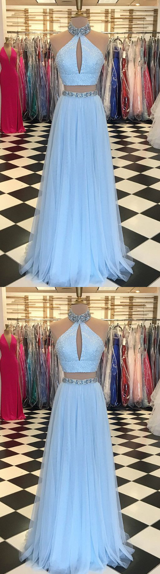 Light Blue Beaded Prom Dress,high Neck Two Piece Prom Dresses,split ...