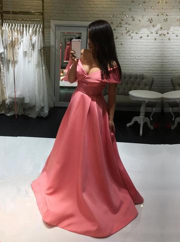 Coral Pink Satin Long V-neck Off The Shoulder Prom Dresses 2018 M3177 ...