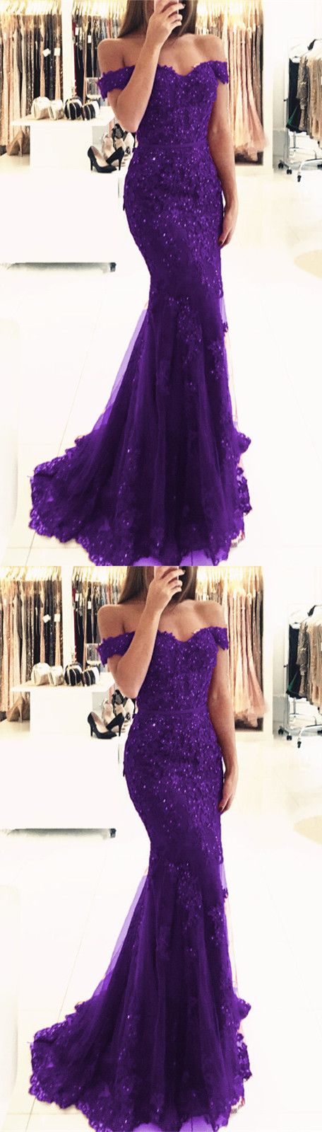 Purple Lace Mermaid Prom Dresses Beaded V Neck Evening Gowns Off The ...