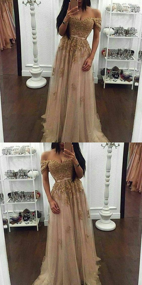 Modern Gold Prom Dress - Off Shoulder Short Sleeves Beaded Appliques ...
