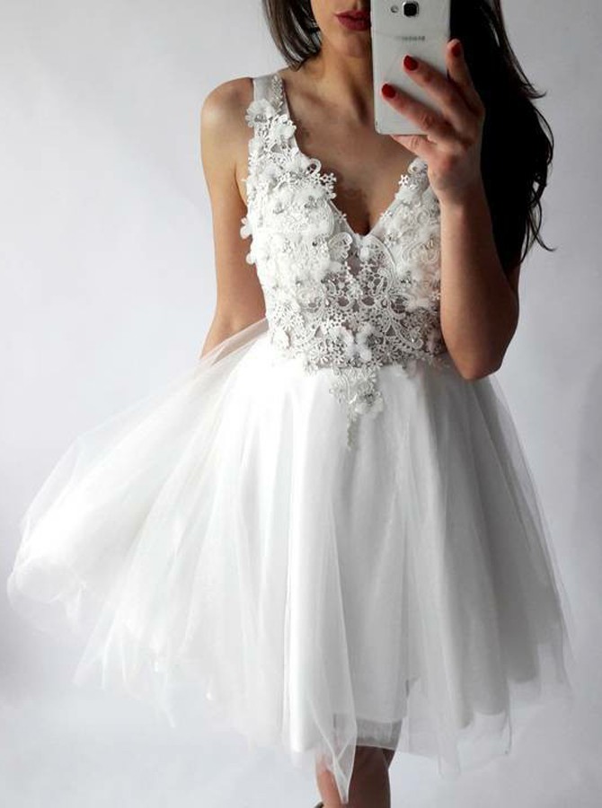 A Line V Neck Short White Tulle Lace Homecoming Dress With Appliques