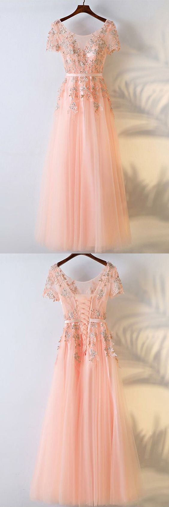 A-line Crew Short Sleeves Floor-length Coral Tulle Prom Dress With ...