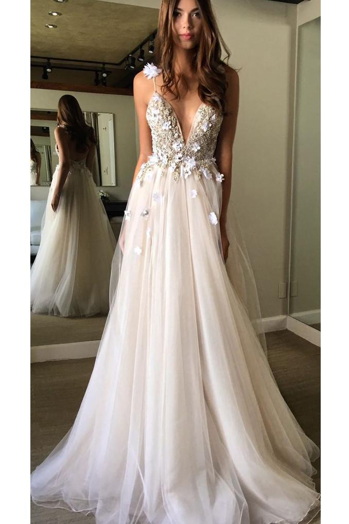 Spaghetti Strap V Neck Long Tulle Prom Dress With Flowers, Beach ...