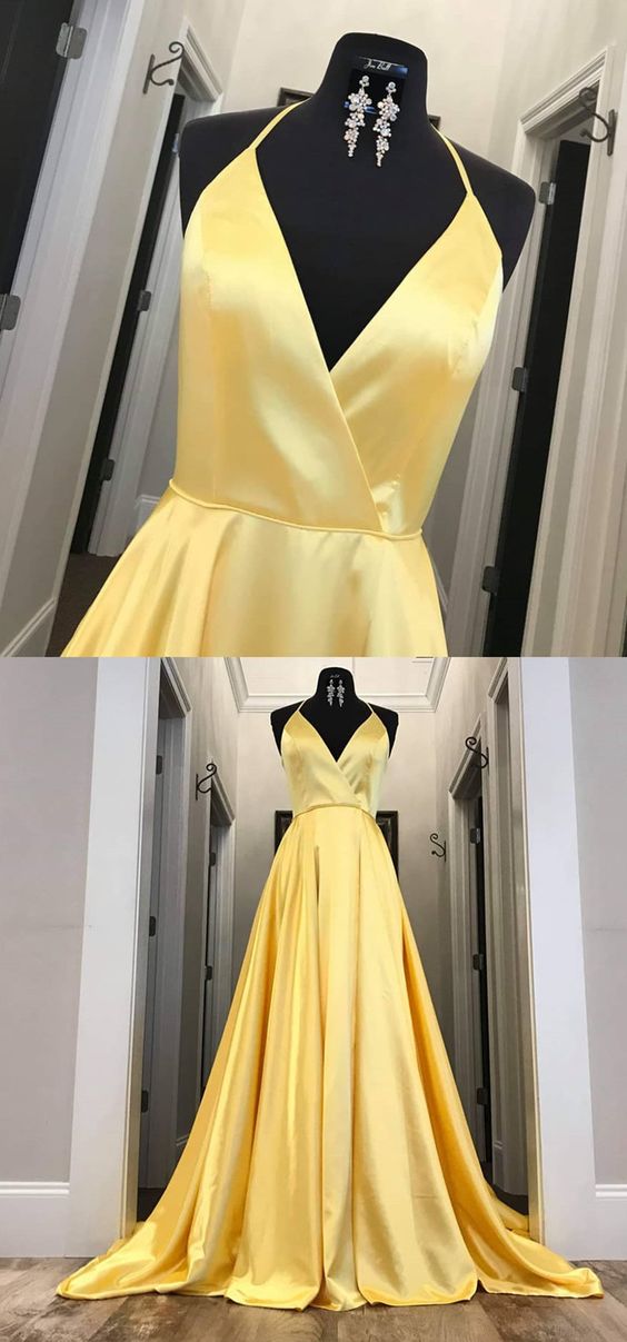 Simple Yellow Long Prom Dress With Halter Neckline, 2019 Prom Dresses ...