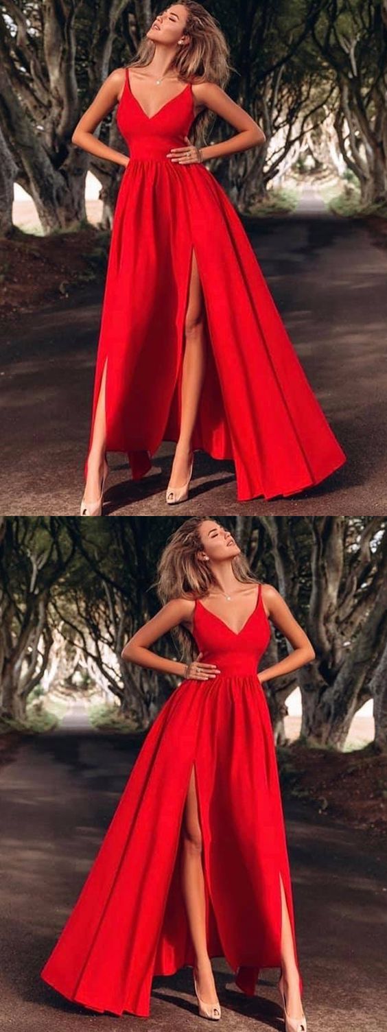 A Line V Neck Thin Straps Floor Length Red Prom Dresses With Slit, Red ...