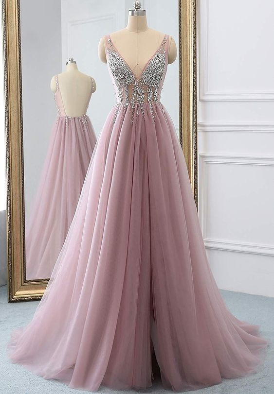 Pink Sleeveless Prom Dress,v-neck Backless Lace Tulle Beaded Long ...
