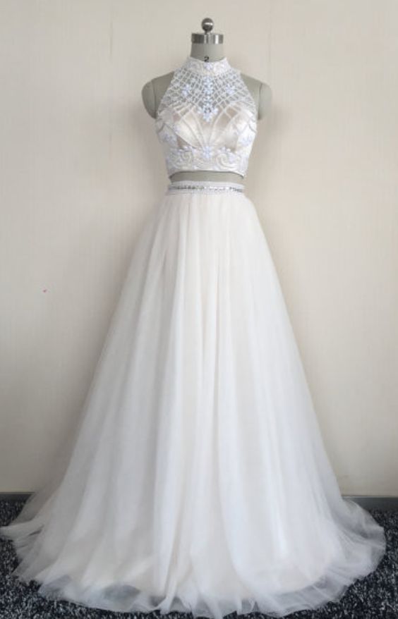 Two Pieces Crystal Beads Prom Dresses Sexy High Neck Crop Top Open Back ...
