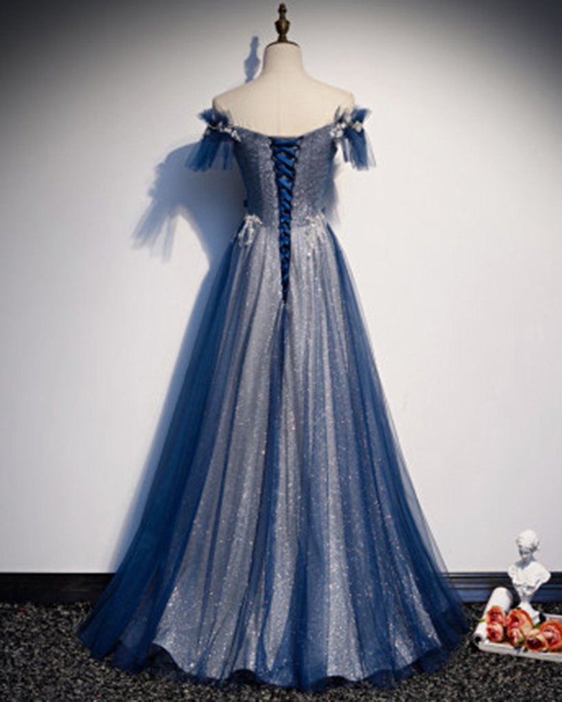Blue Tulle Beaded Off Shoulder Long Dress Long A Line Prom Dresses ...