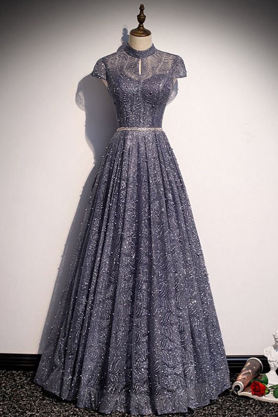 Elegant Long Lace High Neck Pearl Formal Dress Prom Dress Pageant Dress ...