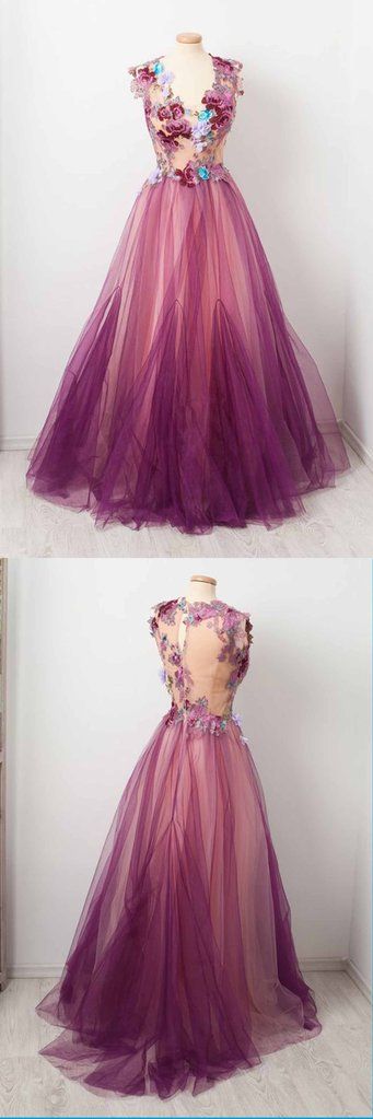 Purple Tulle Spring Flower Lace V Neck Long Evening Dress, Purple Long ...