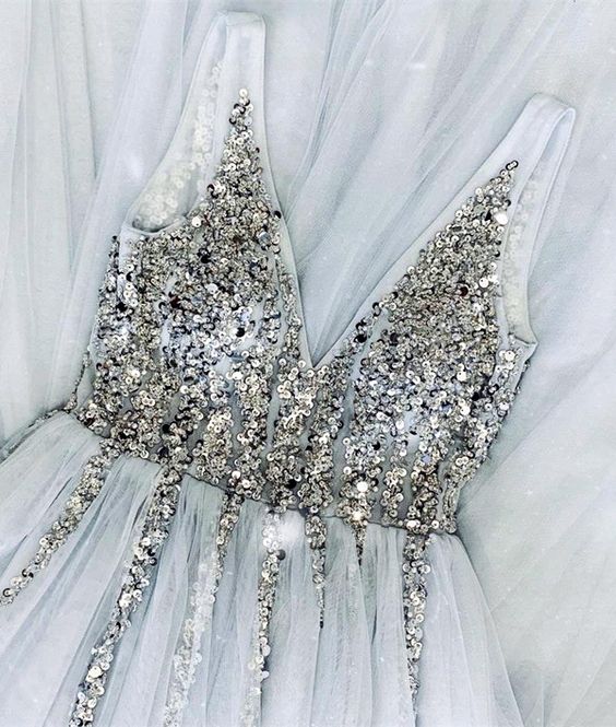Deep V Neck Long Tulle Backless Evening Gowns Silver Sequin Beaded Prom ...