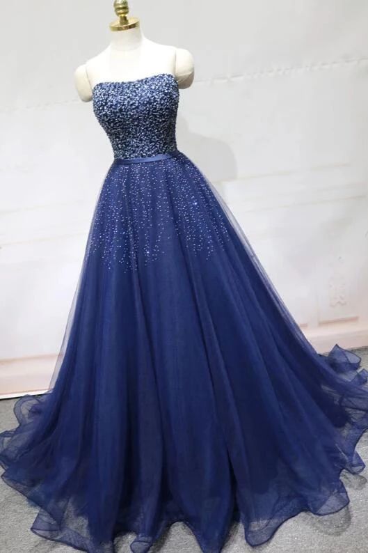 Blue Beaded And Sequins Long Tulle Elegant Party Dress, Formal Dress ...