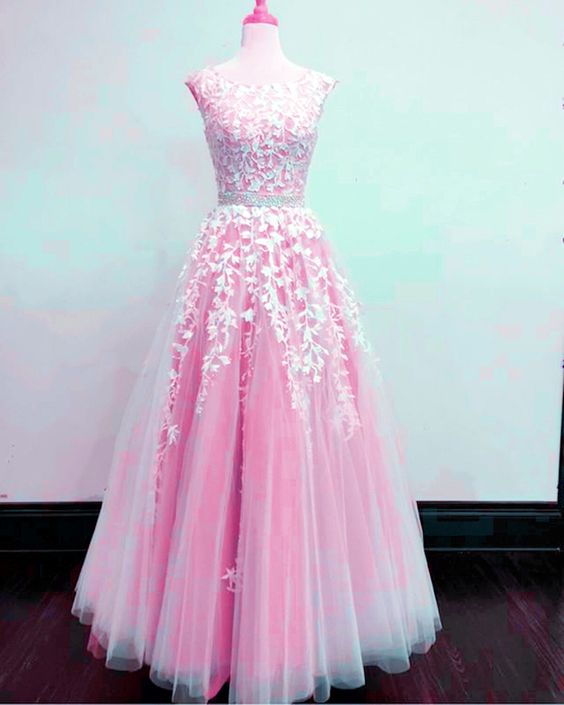Modest Pink Tulle Prom Dresses Lace Emroidery Cap Sleeves Floor Length ...
