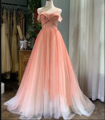 Beautiful Pink Tulle Gradient Beaded Off Shoulder Party Dress, Pink ...